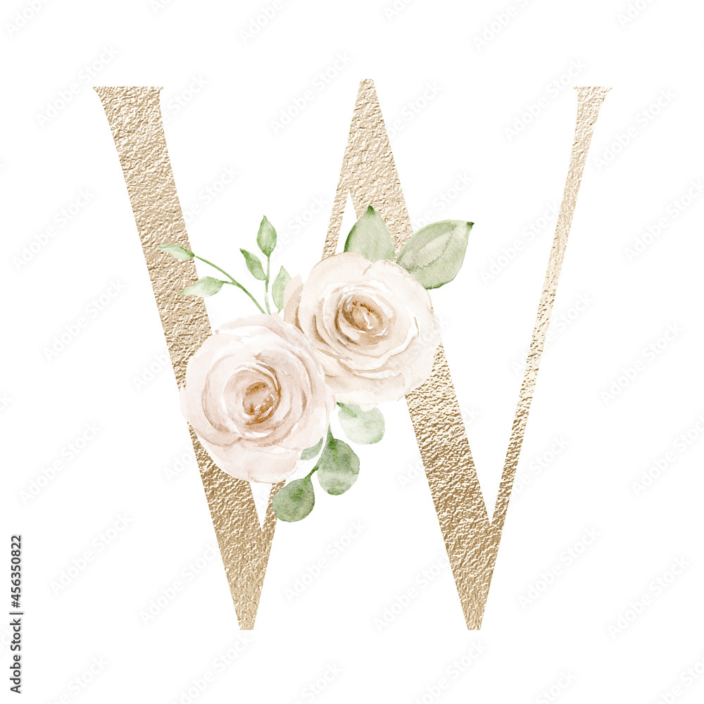 Floral alphabet, letter w with watercolor flowers and leaf. Gold ...