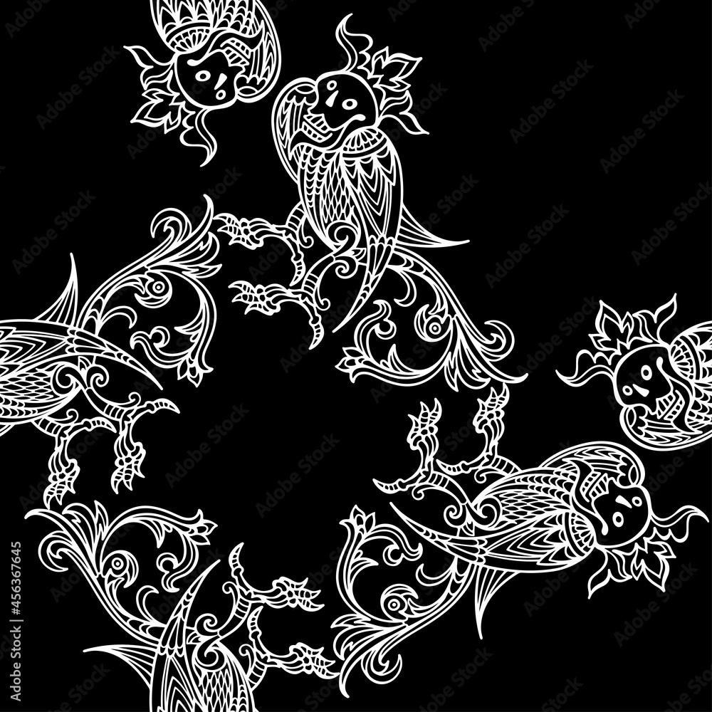 Seamless pattern with mythical creatures on black. Black and white ...