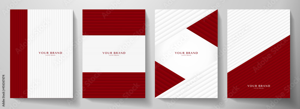 Contemporary red and white cover design set. Maroon color dynamic line ...