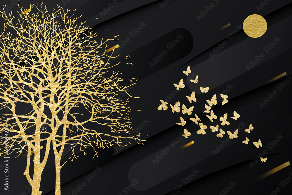 Customized wallpaper of golden tree and butterflies Stock Illustration ...