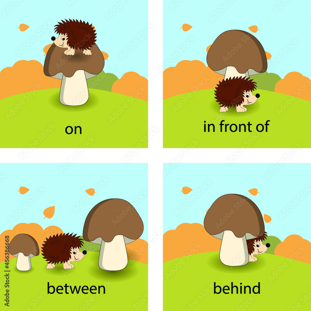 collection of english prepositions with hedgehog and mushroom Stock ...