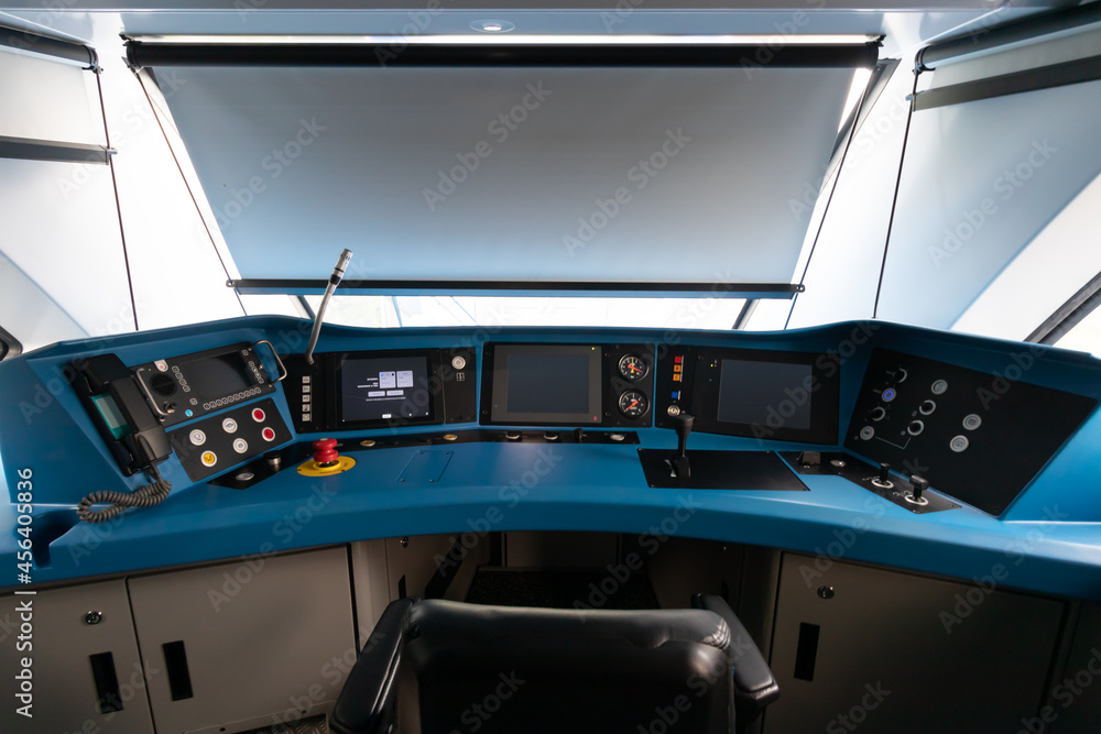Interior of a modern train cockpit type SNG with curtains closed. Stock ...