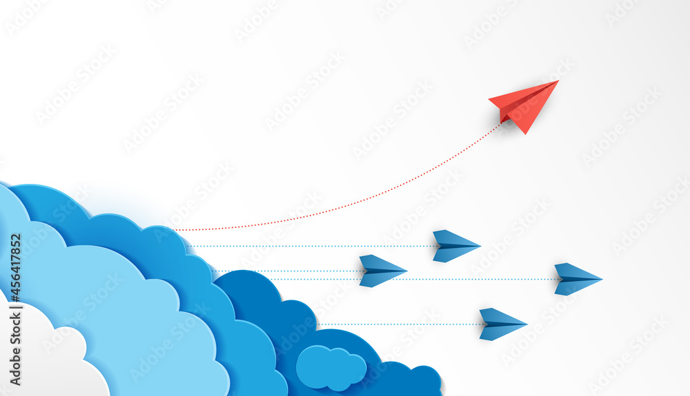 Paper plane are competition to destination up to the clouds and sky go ...