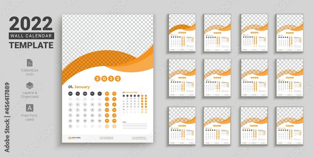 Professional Modern 2022 Wall Calendar Template, red color editable and ...
