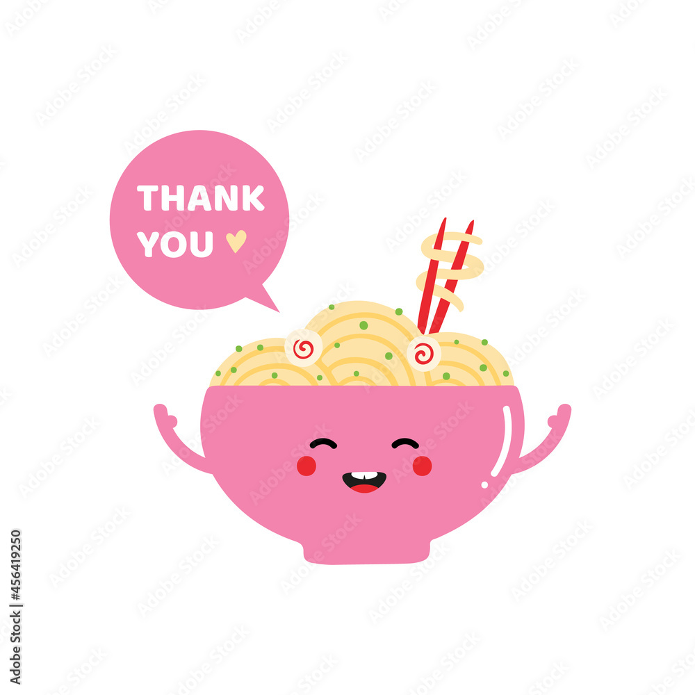Cute smiling cartoon style bowl of noodles, asian soup character with ...