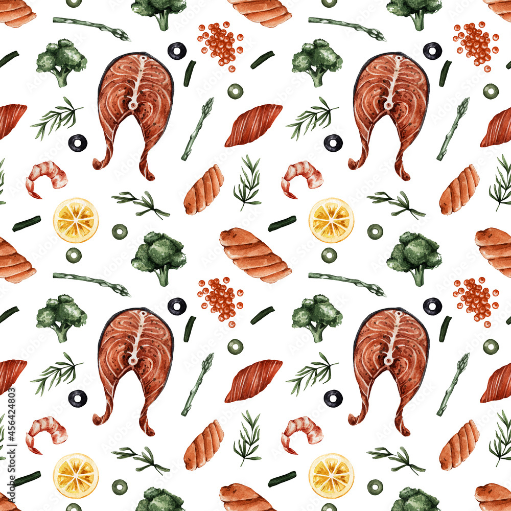 Seamless pattern with seafood in a watercolor style. Healthy and ...