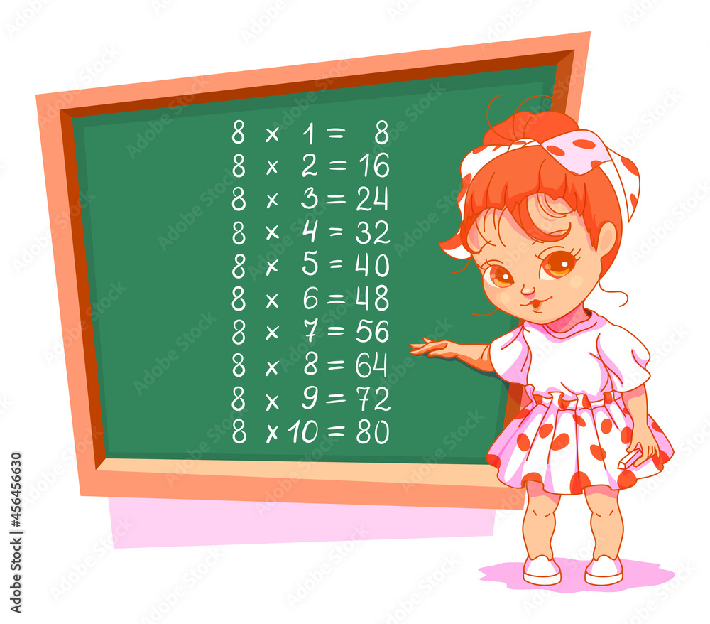 Schoolgirl at blackboard 8 eight multiplication table vector cartoon ...