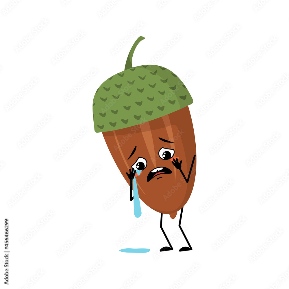 Character acorn with crying and tears emotion, sad face, depressive ...