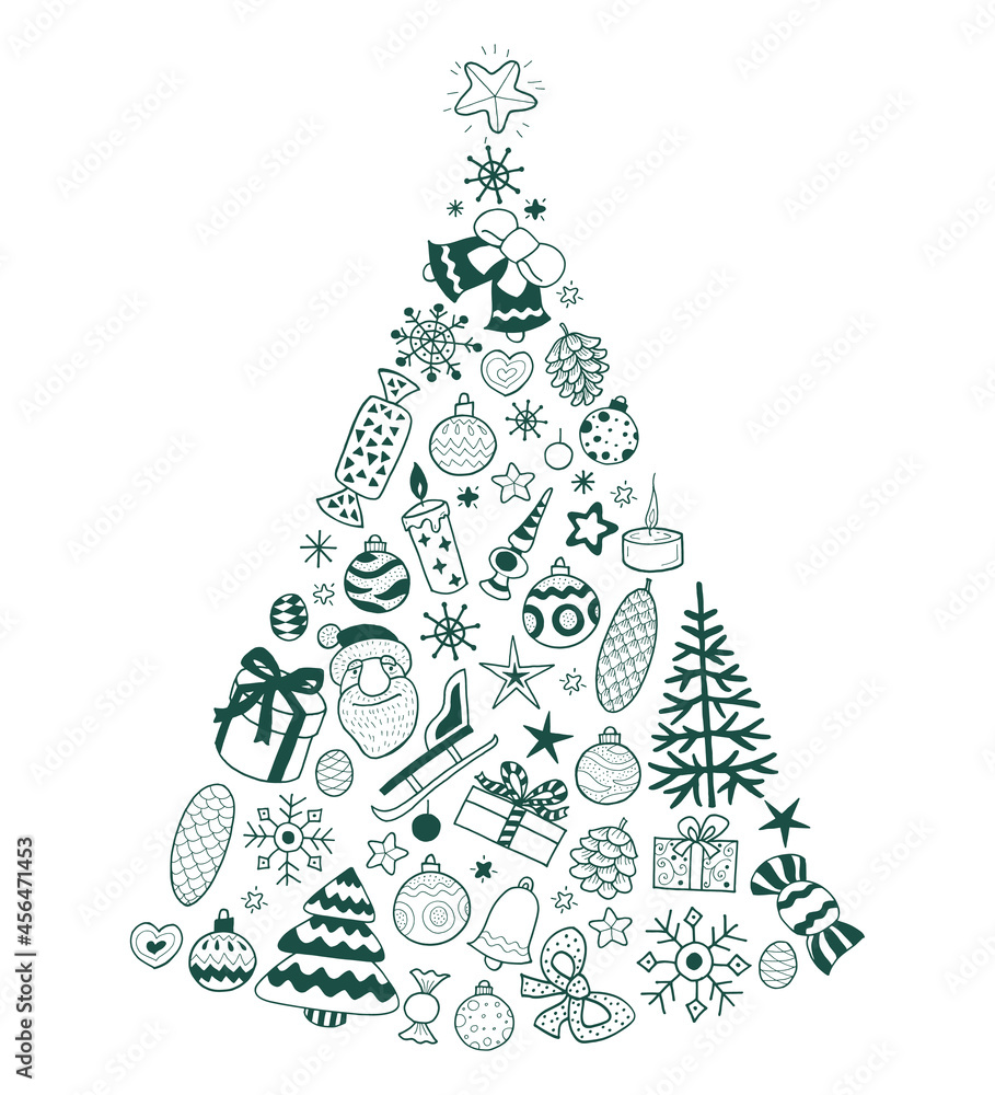 Christmas items in the shape of a Christmas tree. Vector collection ...