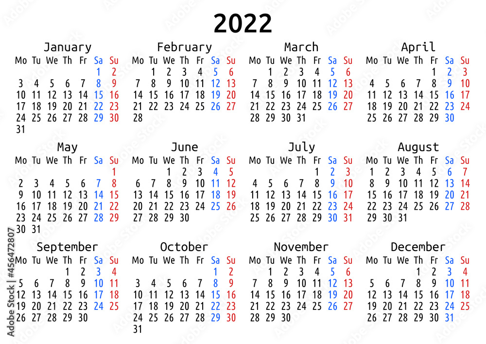 2022 calendar, English, Europe. Vector compact annual wall or planner ...