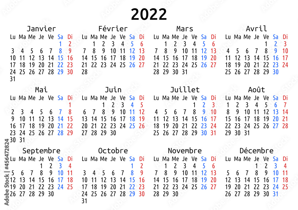 2022 calendar, French, France. Vector compact annual wall or planner ...
