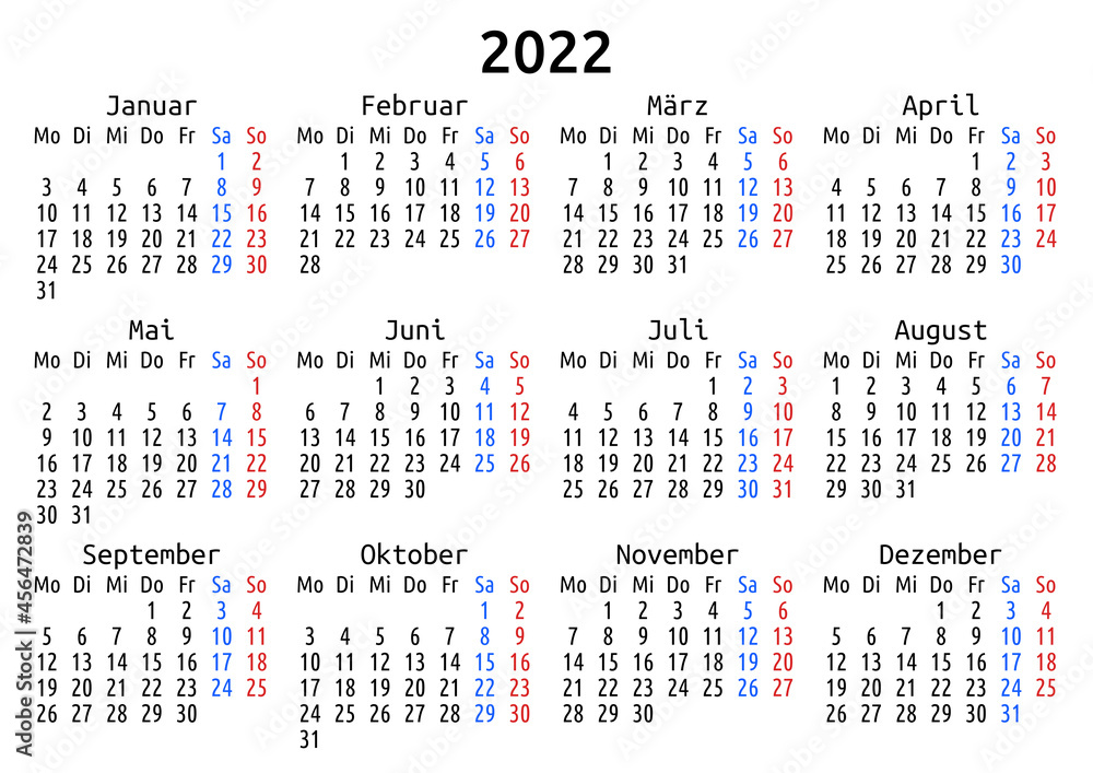 2022 calendar, German, Germany. Vector compact annual wall or planner ...