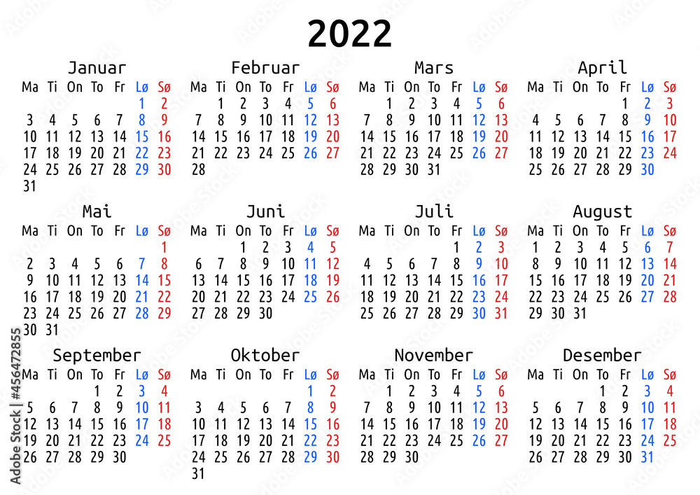 2022 calendar, Norwegian, Norway. Vector compact annual wall or planner ...