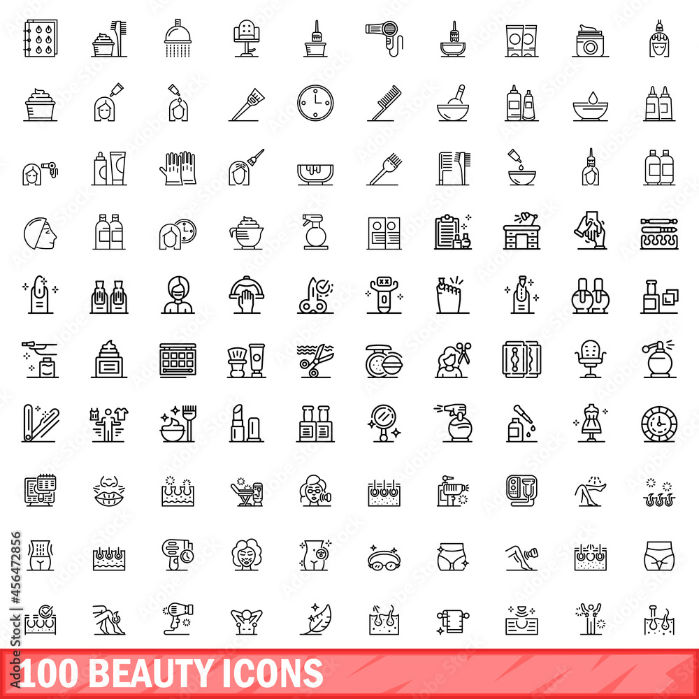 100 beauty icons set. Outline illustration of 100 beauty icons vector ...