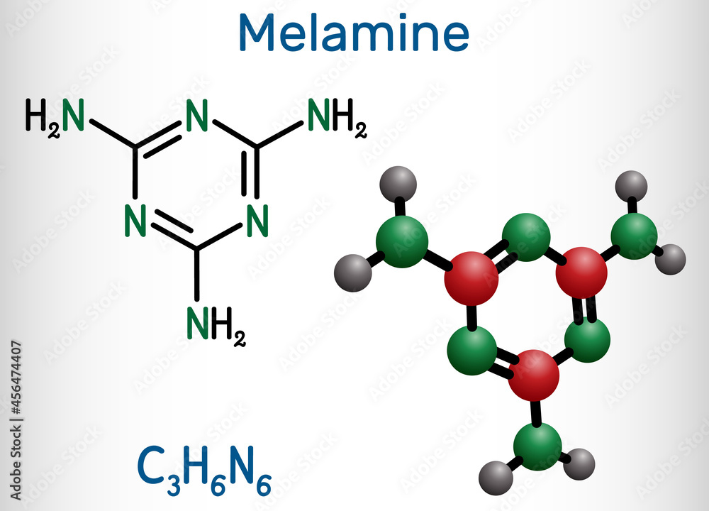 Melamine C3H6N6 molecule. It is used to produce melamine resins ...