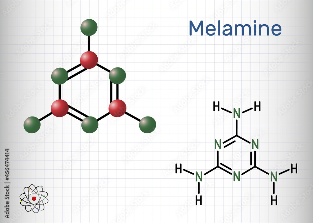 Melamine C3H6N6 molecule. It is used to produce melamine resins ...