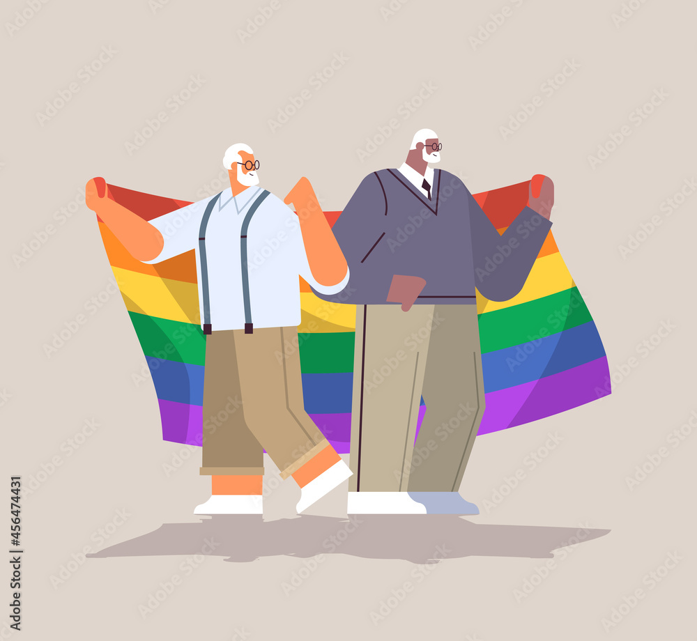 two senior men holding lgbt rainbow flag gay lesbian love parade pride ...