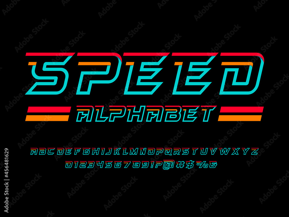 Speed style alphabet design with uppercase, numbers and symbols Stock ...