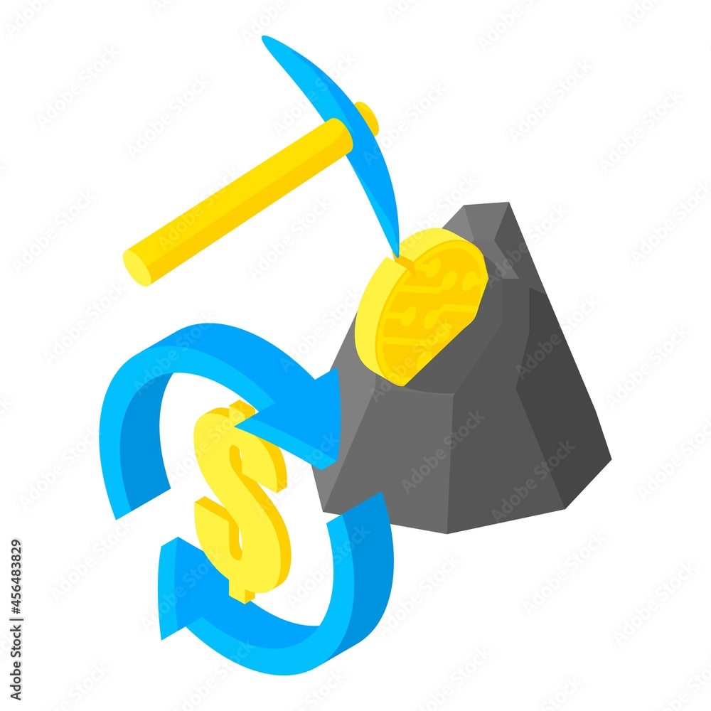 Cryptocurrency mining icon isometric vector. Pickaxe mines coin in the ...