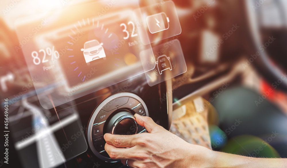 Smart car dashboard HUD screen display system selecting option on car ...