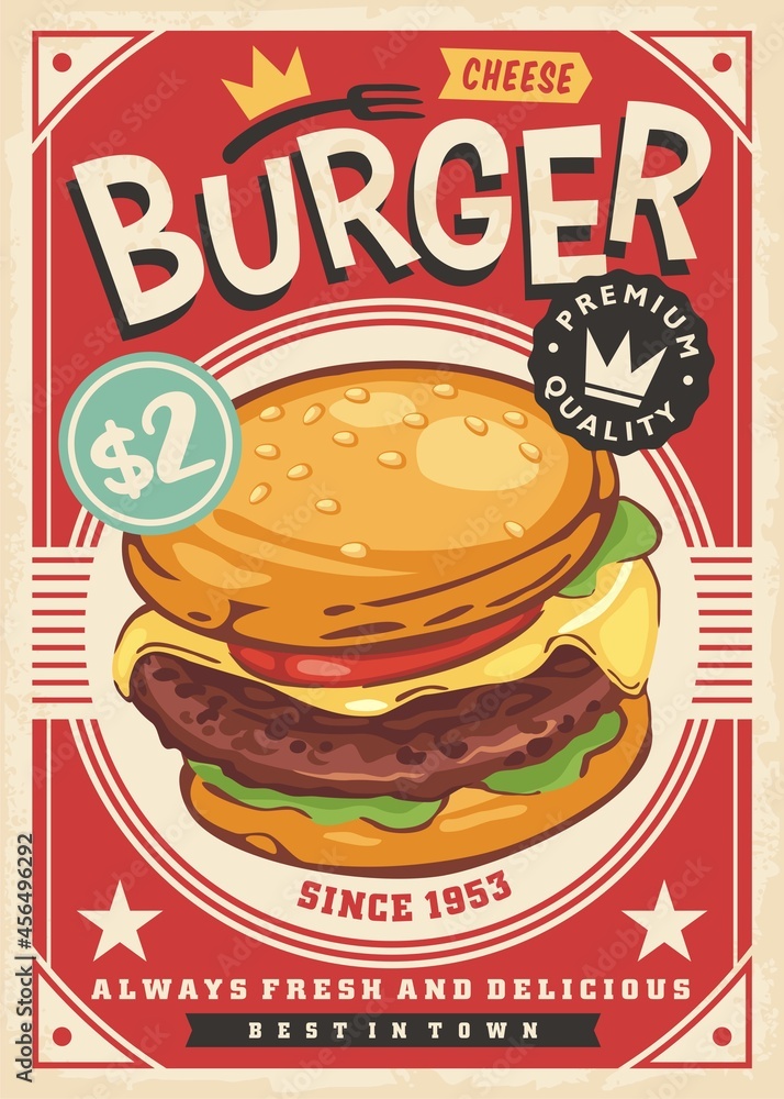 Burger poster fast food restaurant advertisement. Cheeseburger retro ad ...