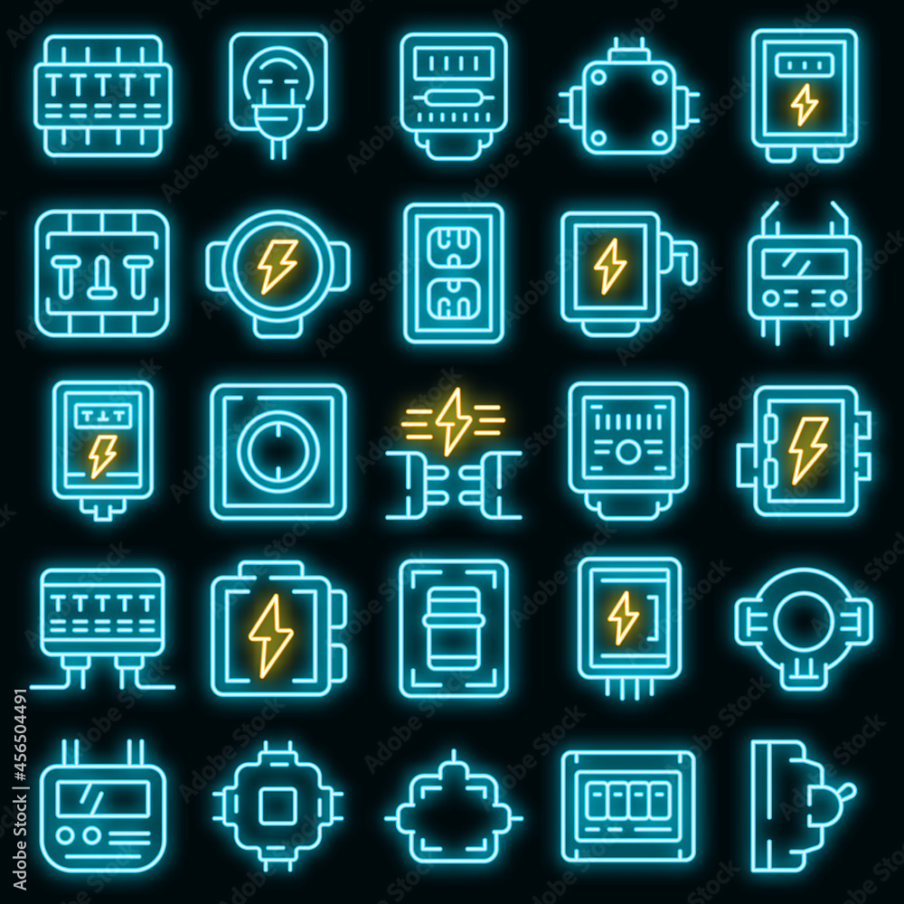 Junction box icons set. Outline set of junction box vector icons neon ...
