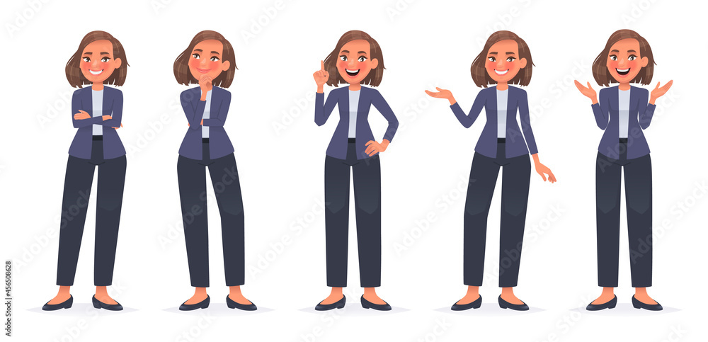 Business woman character set. A cute girl in a suit, a secretary or an ...