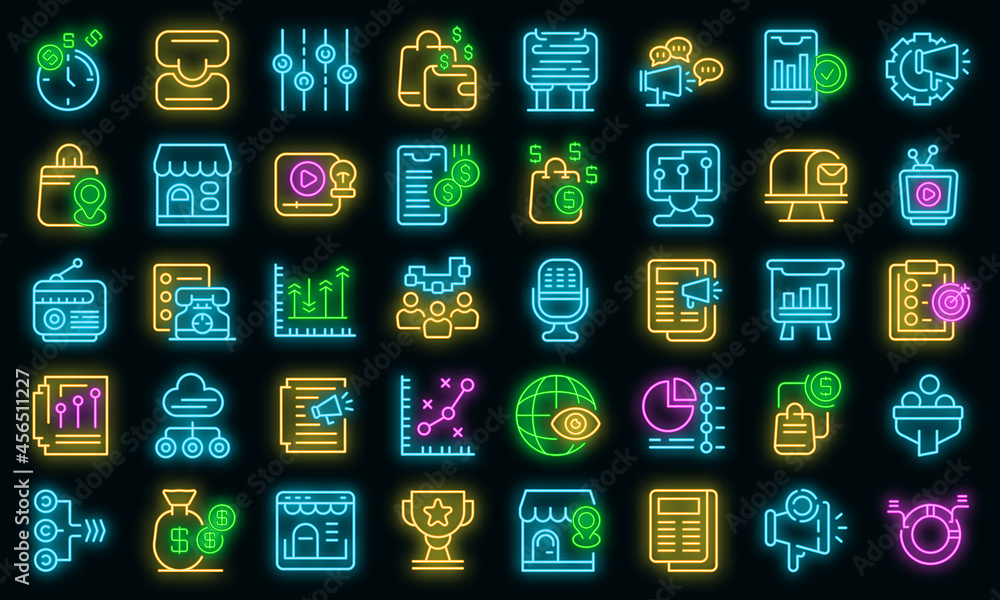 Marketing mix icons set. Outline set of marketing mix vector icons neon ...