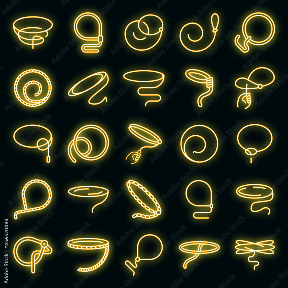 Lasso icons set. Outline set of lasso vector icons neon color on black ...