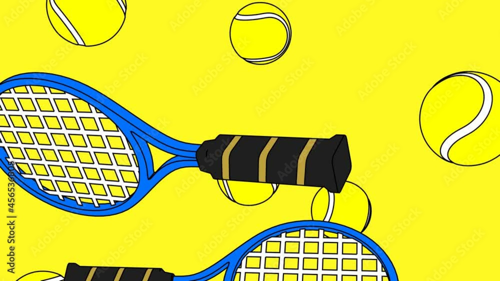 Toon style tennis balls and blue tennis rackets on yellow background ...