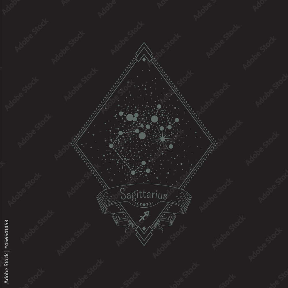 Sketch tattoo sagittarius constellation with title in a retro frame ...