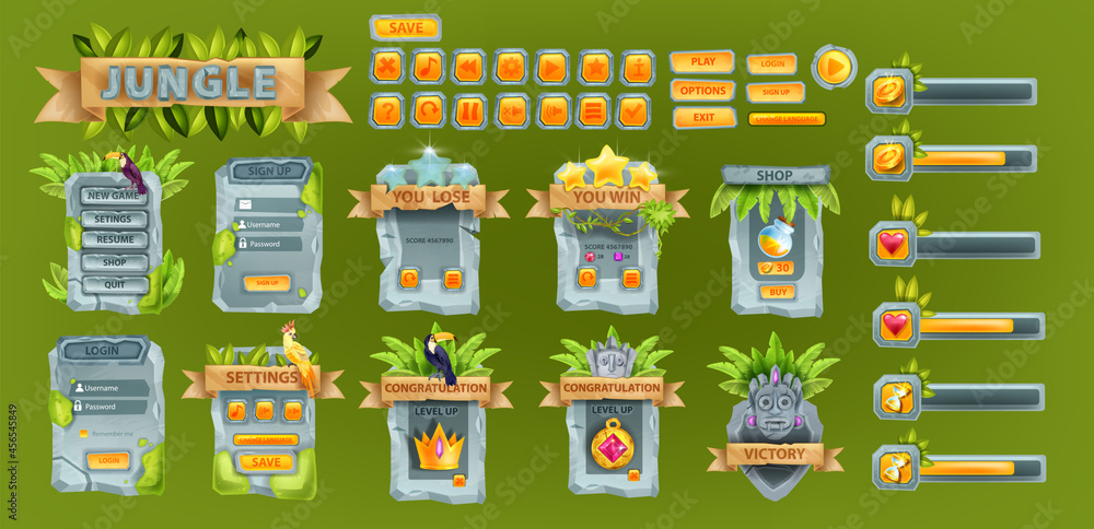 Jungle stone UI game set, user interface rock button kit, window menu ...