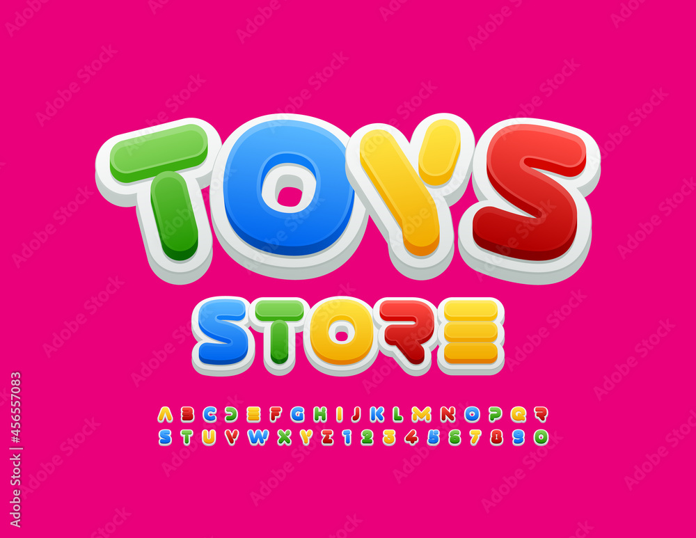 Vector playful logo Toys Store. Bright modern Font. Childish set of ...
