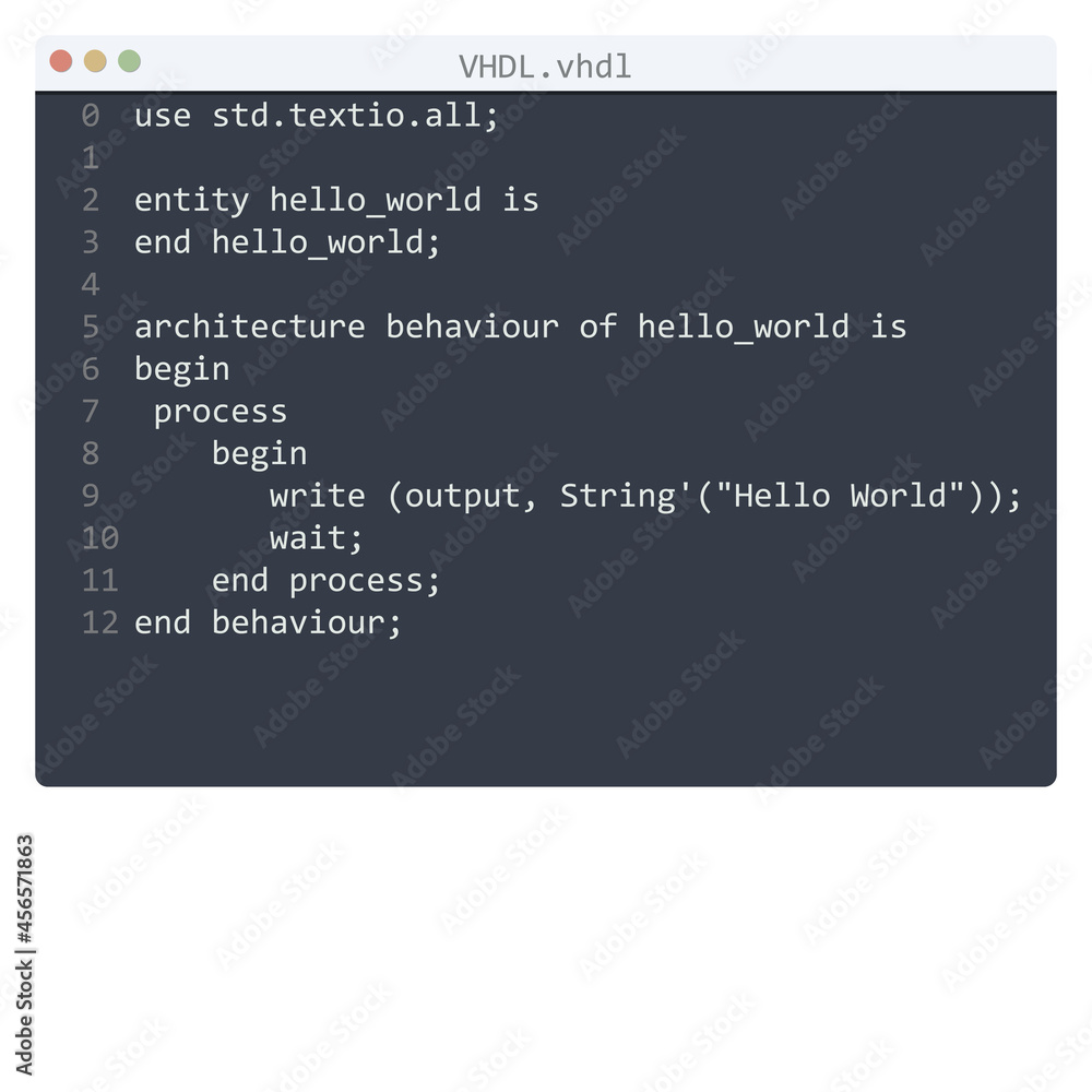 VHDL language Hello World program sample in editor window Stock Vector | Adobe Stock