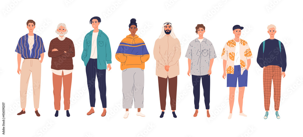 Diverse group of young men standing together. Flat cartoon vector ...