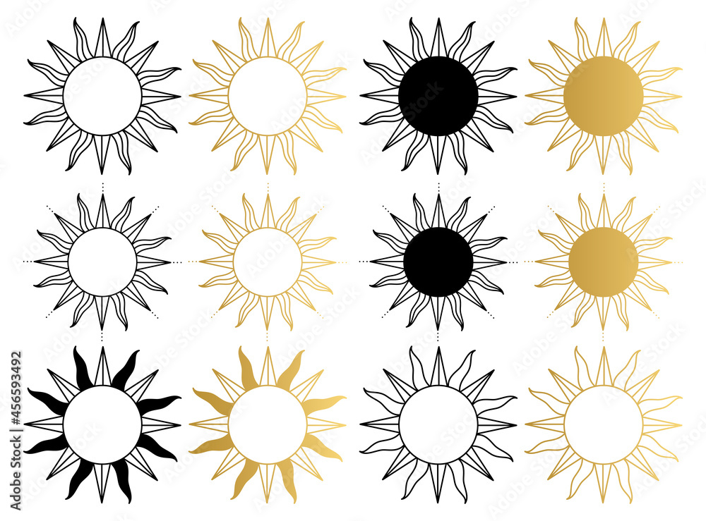 Various abstract sun. Set of boho sun icons. Golden gradient color ...