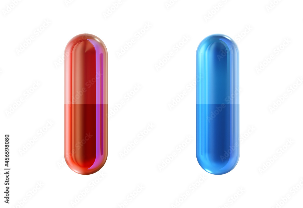 Two medical pills from the matrix, red and blue drug gel capsules ...