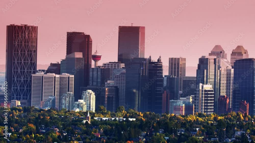 Zooming in Northwest Calgary view of downtown from Nose Hill Park Stock ...