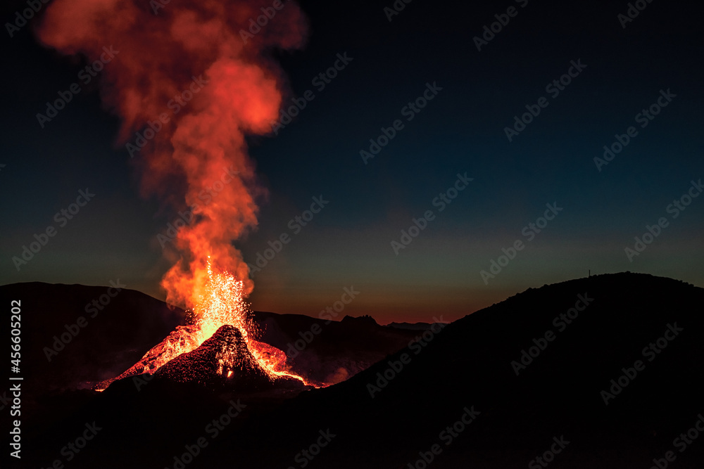 Fagradalsfjall volcanic eruption in the night before sunrise in ...