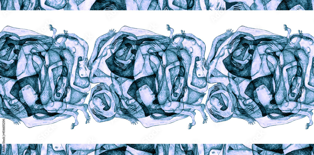 Seamless pattern with curved people painted with watercolor. An ...