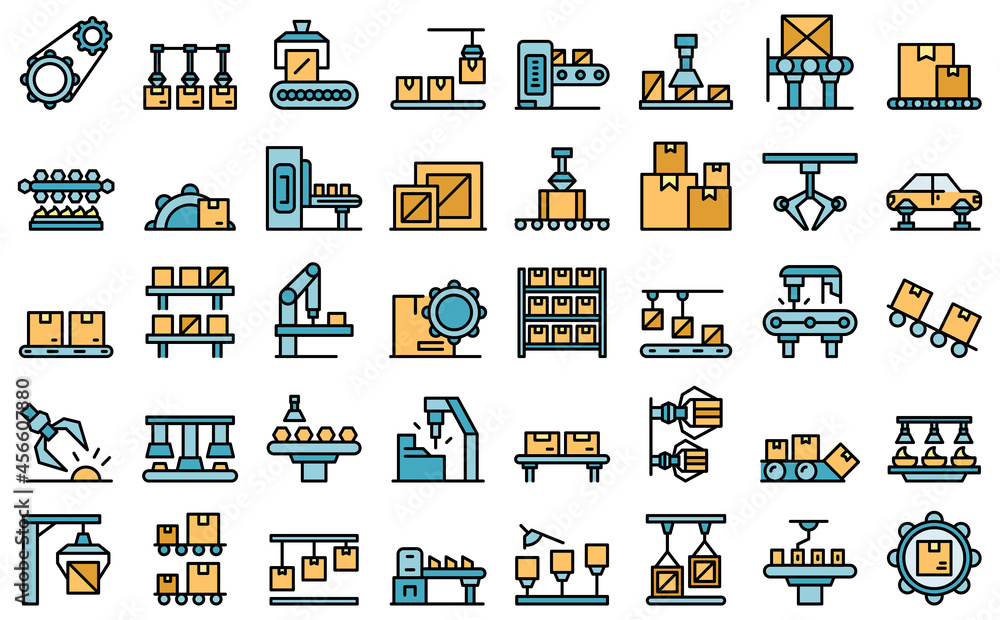 Serial production icons set outline vector. Industrial batch. Mass ...