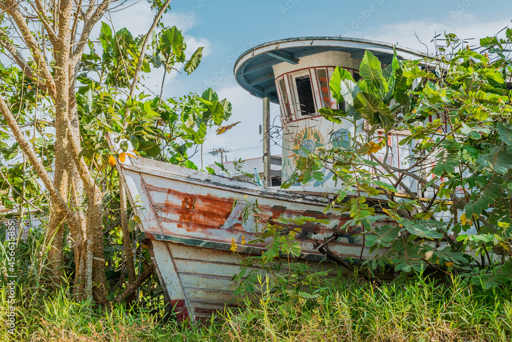 Foto de O barco do ribeirinho da amazônia é uma canoa de madeira ...