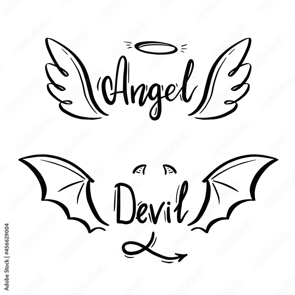 Angel and devil stylized vector illustration. Angel with wing, halo ...