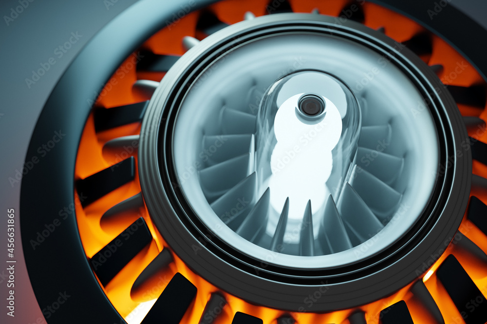 3D rendering future engine rocket turbine technology under light ...