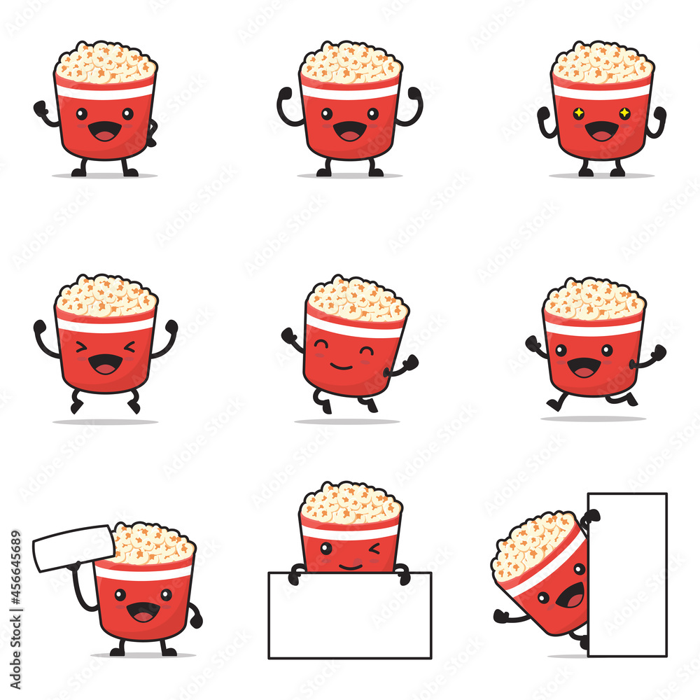 cute popcorn cartoon. with happy facial expressions and different poses ...