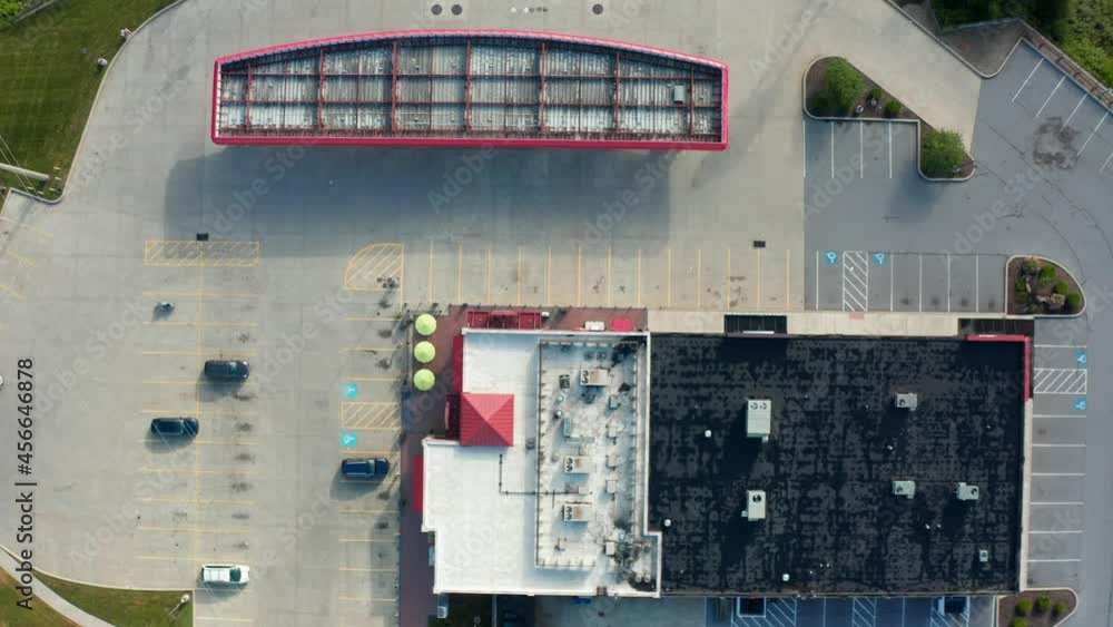 Convenience store, gas station, fuel fill up. Top down aerial view of ...