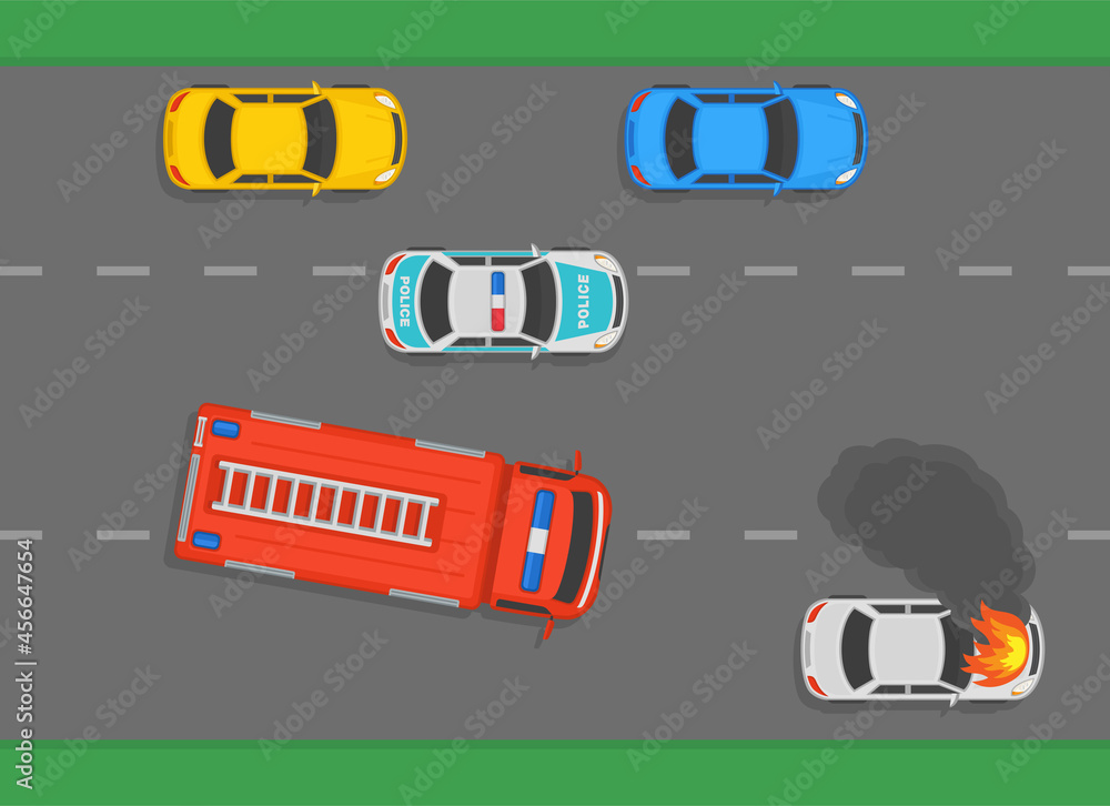 Burning car engine hood on city highway. Car fire safety activity. Fire ...