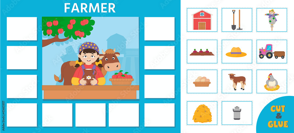 Logic game for kids profession. Farmer. Template for cards - puzzles ...