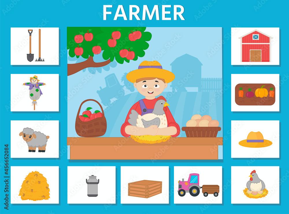 Logic game for kids profession. Farmer. Template for cards - puzzles ...