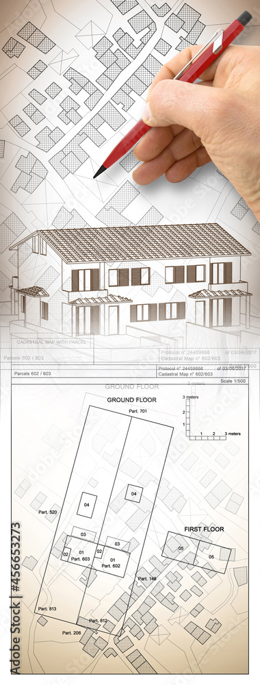 Architect drawing a residential building over an imaginary cadastral ...
